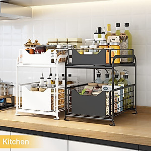 Under Sink Organizer, 2 Tier Pull Out Cabinet Organizer with Storage Basket Drawers, Countertop Storage Shelf Under Sink Storage Rack for Bathroom Kitchen (Large, Black)