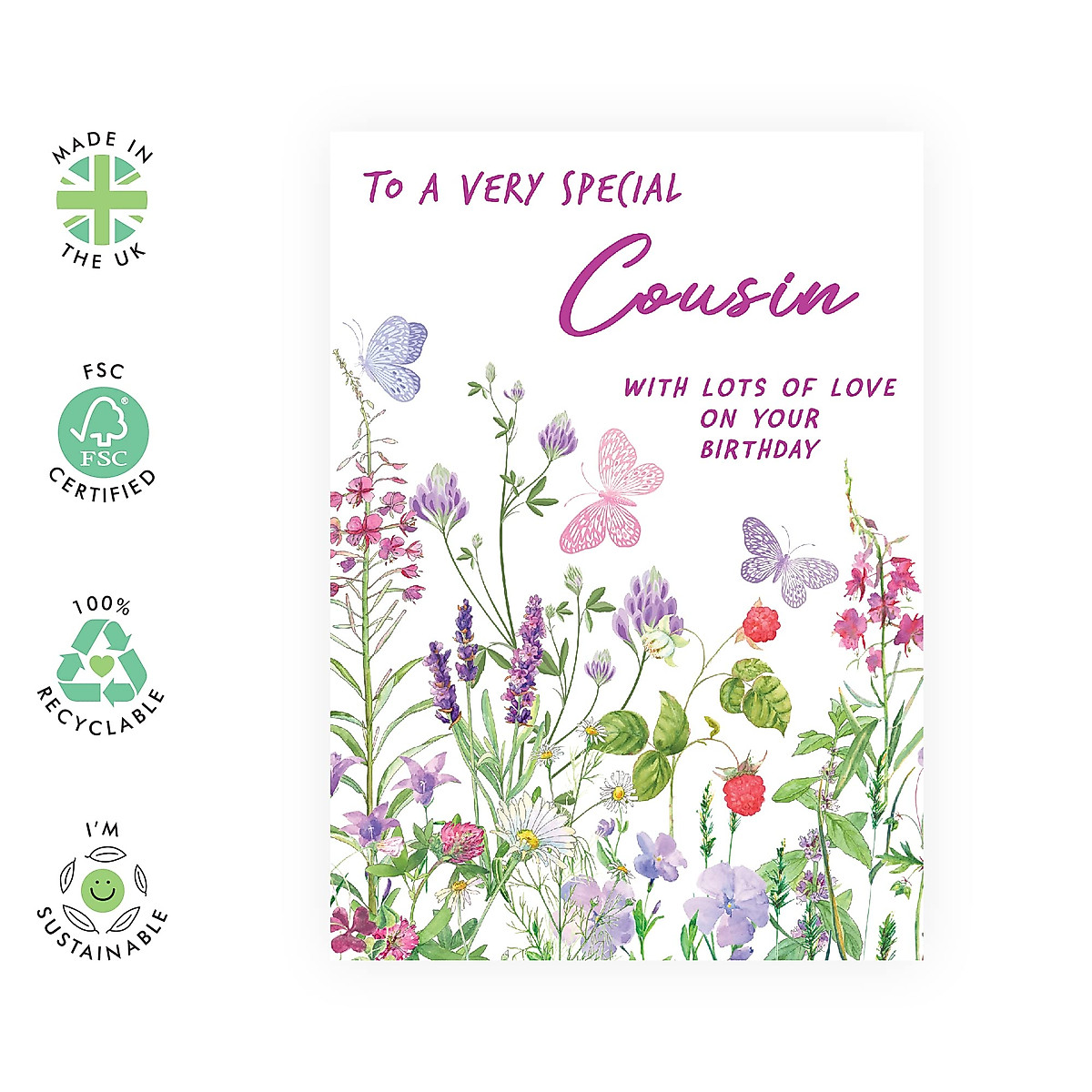 CENTRAL 23 Sweet Birthday Card for Her - 'To A Very Special Cousin' - Floral Greeting Card for Female - Flowers & Butterfly - Cousin Birthday Card - Comes with Stickers
