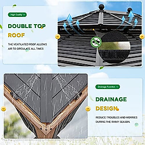 EROMMY 12'x16' Hardtop Gazebo Outdoor Aluminum Wood Grain Gazebos with Galvanized Steel Roof and Mosquito Net for Patios, Deck, Backyard, Curtains & Netting