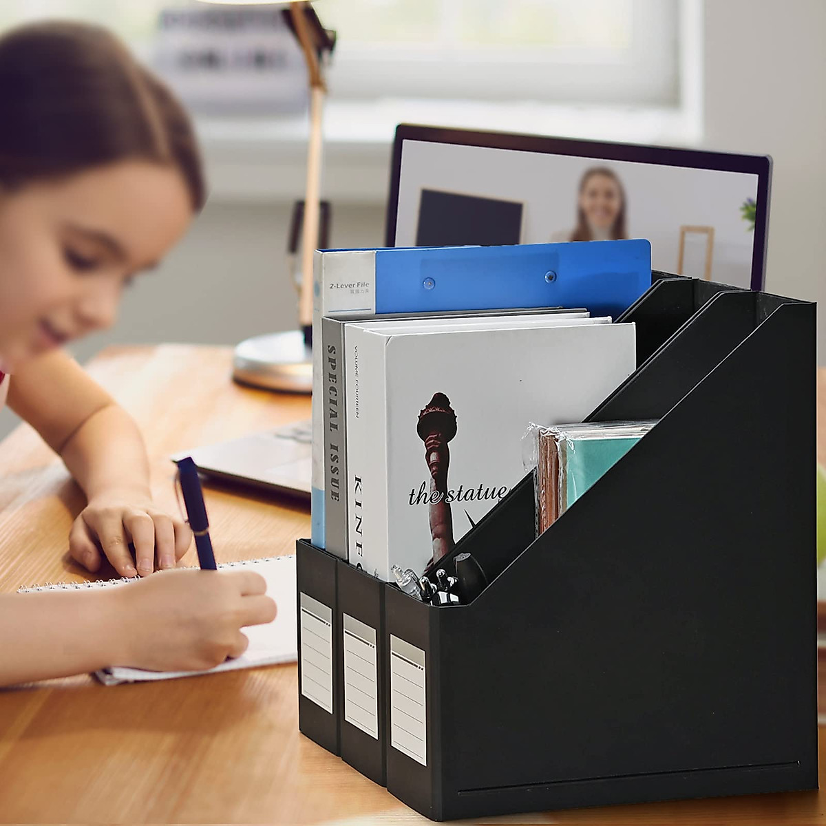 HUAPRINT Black Magazine Holder,Cardboard Magazine File Holder (Pack of 3),Magazine Organizer Box,with Labels