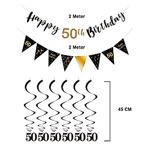 Black and Gold 50th Birthday Decoration Kit for Men, Happy 50th Birthday Banner Bunting Swirls Streamers, Triangle Flag Banner for Birthday Party Decorations Supplies