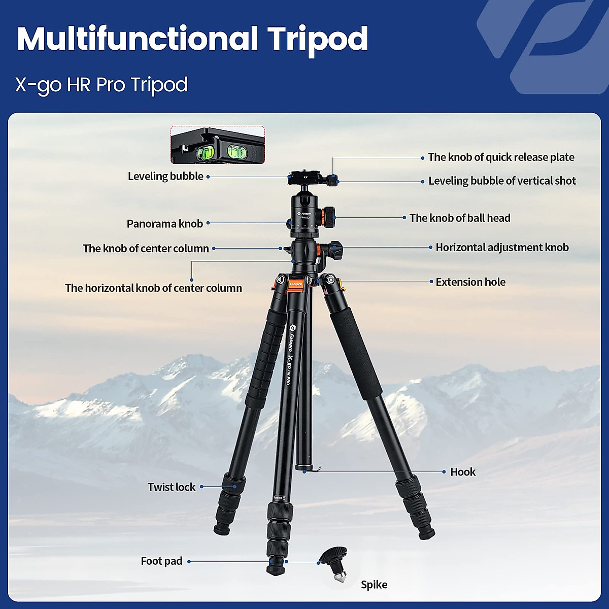 Fotopro 68 inch Camera Tripod Horizontal 360 Tripod Portable Monopod with Ball Head 16KG Load Capacity Quick Release Plate, for Travel and Work