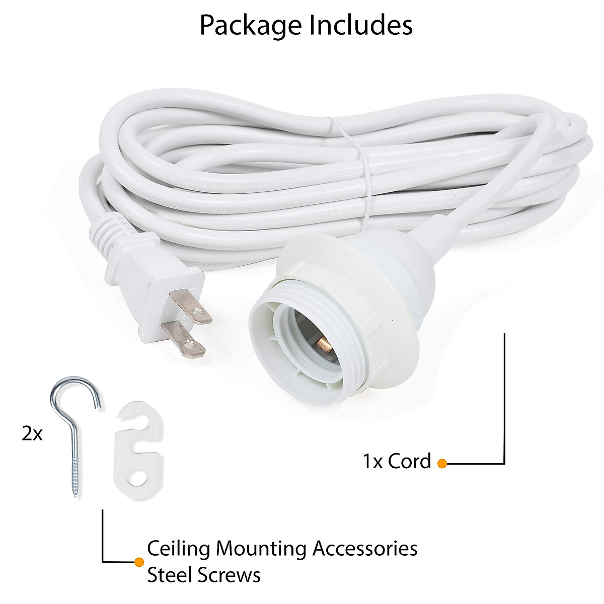 Wallniture Fiore 15 Feet Hanging Lantern Cord Room Decor for Pendant Light Bulbs Socket Set, White