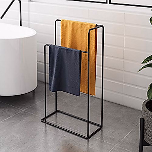 Towel Holder Stand Floor Standing Towel Rack for Bathrooms with 2 Towel Rails Modern Black Freestanding Shelf Storage Metal with Rust-Resistant Finish for Bath Towels and More