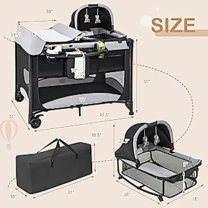 BABY JOY 4 in 1 Pack and Play, Portable Baby Playard with Bassinet & Diaper Changing Table, Infant Bassinet Baby Crib Activity Center with Toys & Oxford Bag from Newborn to Toddlers (Dark, Classic)