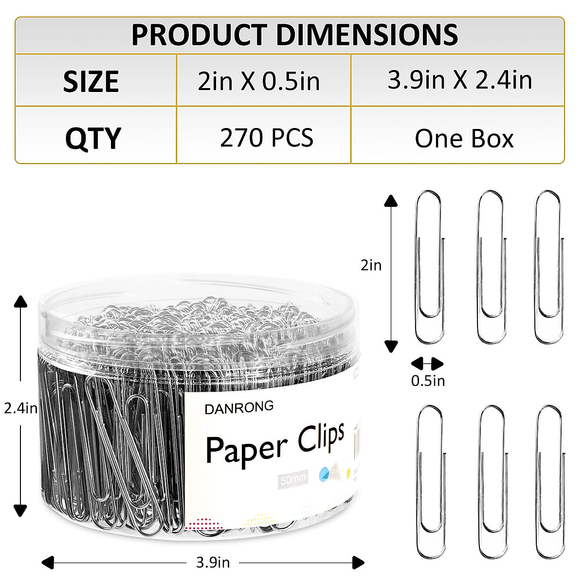 DANRONG Silver Jumbo Paper Clips, 270pcs 2 Inch (50 mm) Paper Clip, Large Paperclips Great for Office School and Personal Use(Jumbo, Sliver)