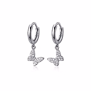 Dainty Butterfly Dangle Hoop Earrings 925 Sterling Silver for Women Girls Cute CZ Crystal Diamond Sparkly Charm Drop Cartilage Small Huggie Hoops 10mm Fashion Jewelry Christmas Gifts Hypoallergenic (Silver)