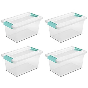 Sterilite Plastic Medium Clip Stacking Storage Box Container with Latching Lid for Home, Office, Workspace, and Utility Space Organization, 4 Pack