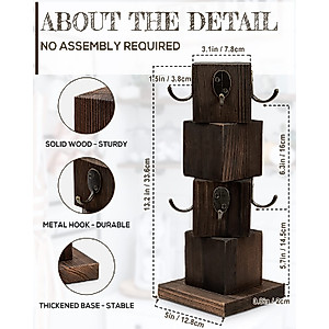 PUERSI Coffee Mug Holder for Counter, Rustic Solid Wood Mug Tree, Farmhouse Wooden Coffee Cup Rack, Distressed Mug Stand with 8 Hooks (Rustic Brown)