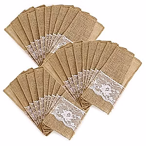 OwnMy Natural Burlap Tableware Utensil Holders Burlap Lace Silverware Holder Linen Knife and Forks Cutlery Pouch Bag for Vintage Rustic Wedding Party (Beige-30 Packs)