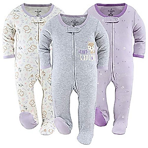 The Peanutshell Footed Baby Sleepers for Girls, Purple Woodland Animals, 3 Pack Set (9M)