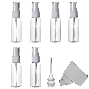 ALINK Spray Bottle, Empty Plastic Clear Small Travel Bottles with Fine Mist Sprayer for Cleaning Solutions and Essential Oils, 30 ml (1 oz.) Pack of 6 Plus Cleaning Cloth and Dropper
