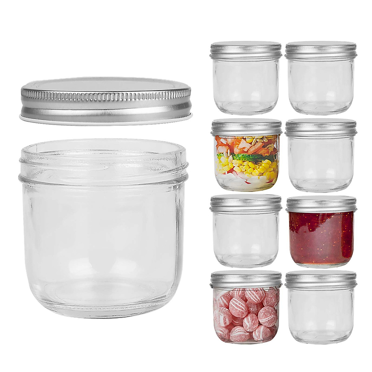 FRUITEAM 8 oz Wide Mouth Mason Jars with Lids -Set of 8, Transparent Clear Glass Canning Jar Ideal for Jams, Jellies, Conserves, Preserves, Fruit Syrups, Chutneys, and more Pizza Sauce