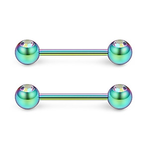 Ruifan 16G 9/16Inch Crystal & Jeweled CZ Ball Nipple Tongue Shield Ring & Stainless Steel Straight Barbell Body Piercing Jewelry Retainer 6PCS - Rainbow