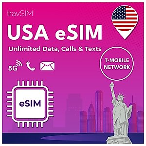 travSIM eSIM USA | T-Mobile Network | Unlimited Data, Calls & Texts in The USA | e SIM Card USA Works on eSIM Compatible iOS & Android Devices | eSIM Card USA 30 Days