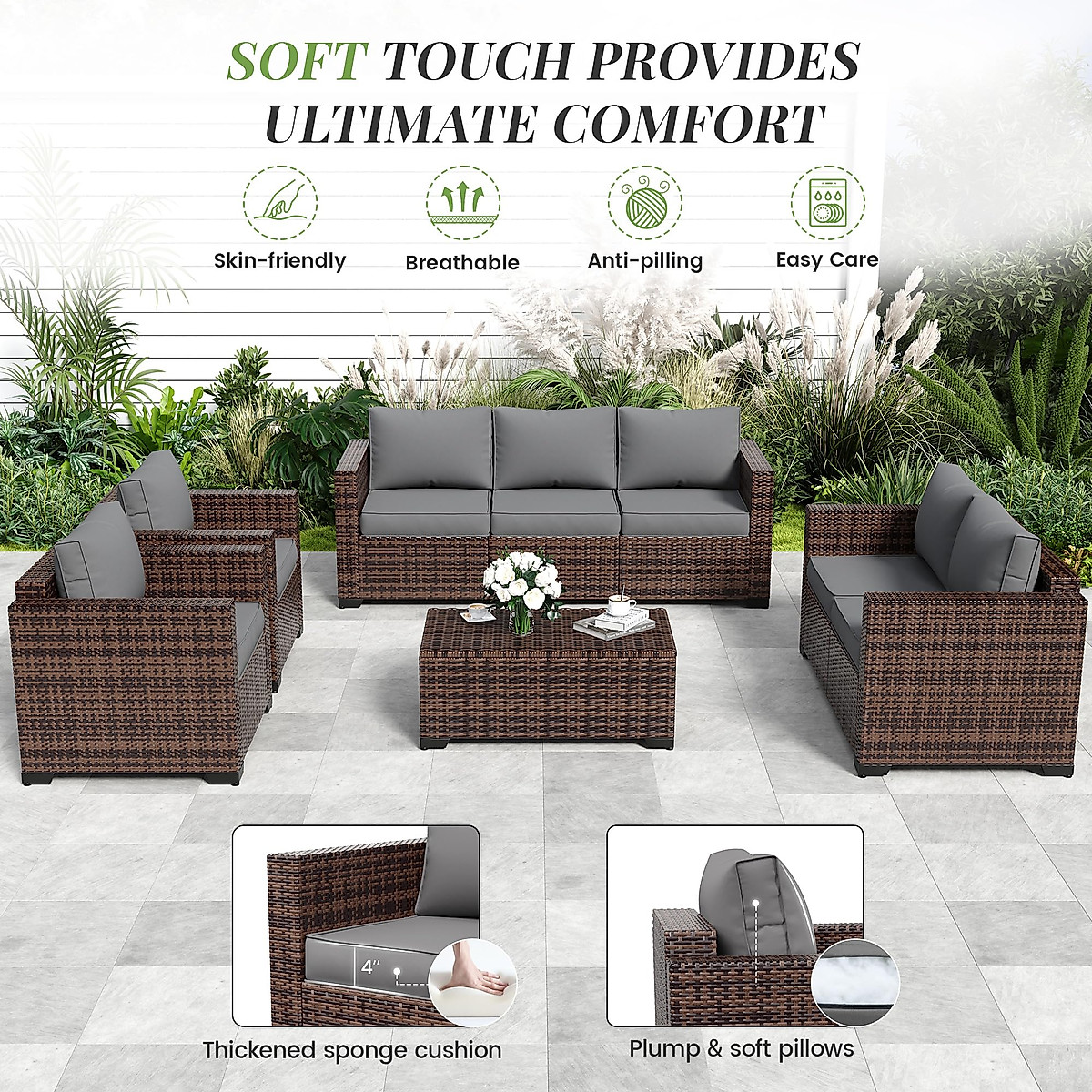 Amopatio Outdoor Patio Furniture Sets, 8 Pieces Outdoor Wicker Patio-Furniture, Outdoor Sectional Patio Set with Storage Table, Patio Conversation Set for Proch Garden Deck (Grey)