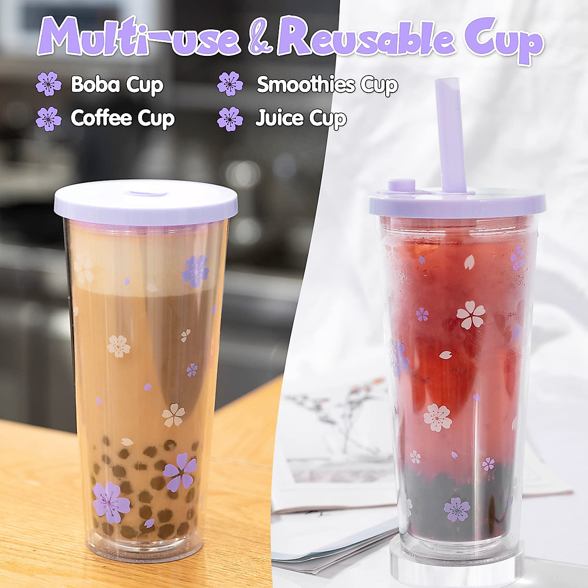 Colnic Reusable Boba Cup With Lids And Straws, 24OZ/700ml Smoothie Cups, Iced Coffee Cup, Leakproof Kawaii Cup, Bubble Tea Cup, Boba Cups With Boba Reusable Straw, Double Wall Tumbler (Purple)