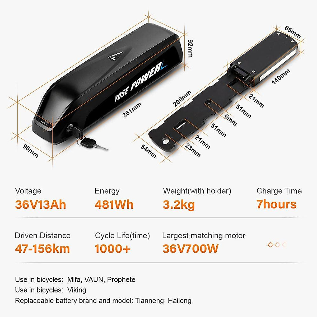 Yose Power Ebike Battery 36V 13Ah Down Tube Battery for 100W-700W Motor with Power Switch, Electric Bicycle Lithium-Ion Battery, Safe Lock, Led Indicator Light, with Base and Charger