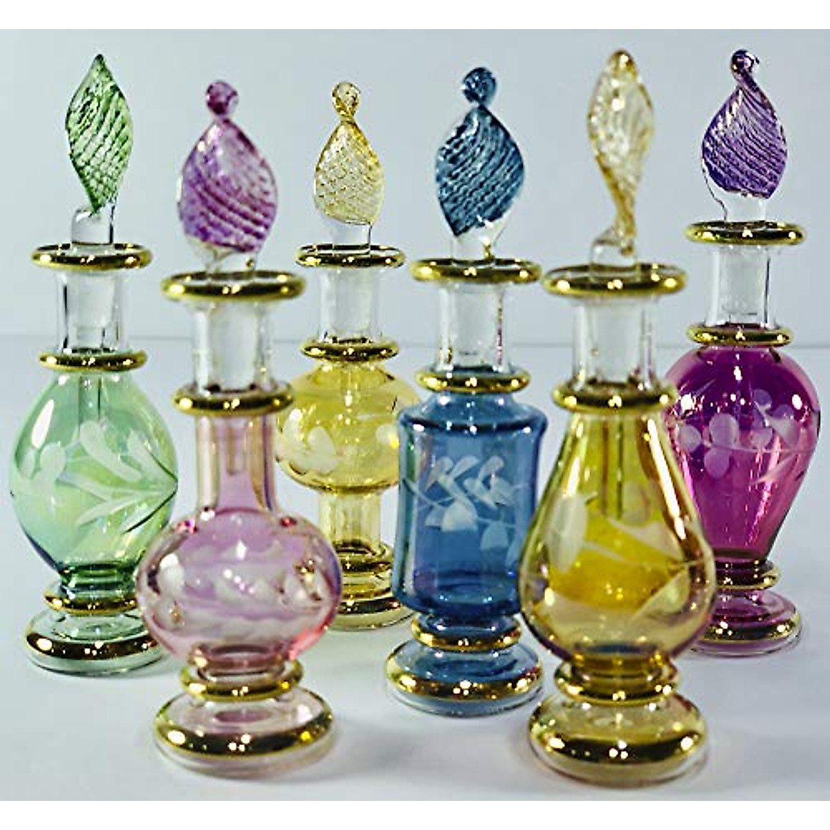 Egyptian Perfume Bottles, Mouth Blown Glass Genie bottles potion Perfume Bottles Wholesale Set of 6 Miniature bottles Size 2" (5 cm) with handmade Gold decorative bottle for essential& perfume oils by Egyptian Hand Blown Glass