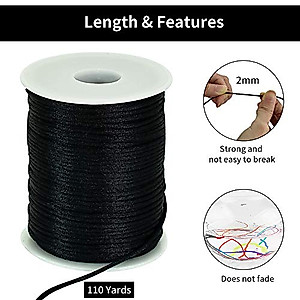 TONIFUL 2mm x 110 Yards Black Nylon Cord Satin String for Bracelet Jewelry Making Rattail Macrame Waxed Trim Cord Necklace Bulk Beading Thread Kumihimo Chinese Knot Craft