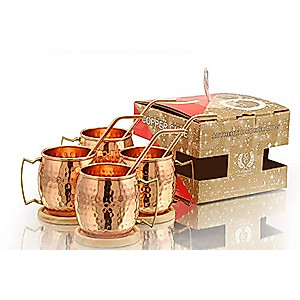 (Gift Set) Pure Copper Hammered Mugs with Copper Straws & Wooden Coasters Set of 4 - PREMIUM QUALITY -16 Oz Copper Cups - 100% Handcrafted - A Gift Pack for your loved Ones