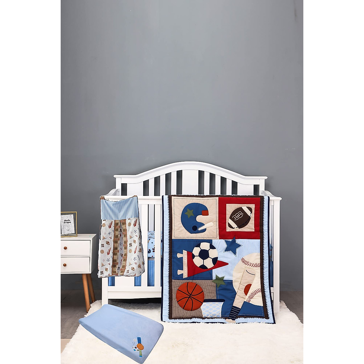 CribMATE 4 PCs Blue Sports Themed Nursery Crib Bedding Set Baby Boy 1 Quilt 1 Fitted Sheet 1 Diaper Organizer 1 Changing Pad Sheet Cot Bedding Set, Blue , Red , Brown , White, 28 X 52