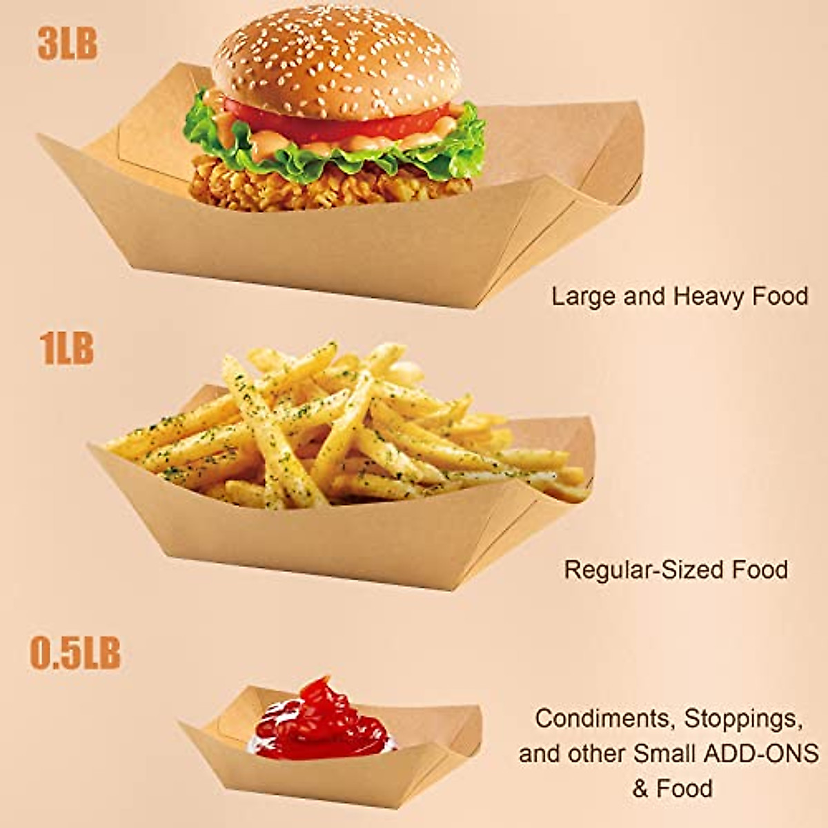 200Pcs Paper Food Trays Disposable, 1LB Paper Food Boats, Recyclable Eco Friendly Kraft Brown Paper Food Tray for Hot Dog Nacho