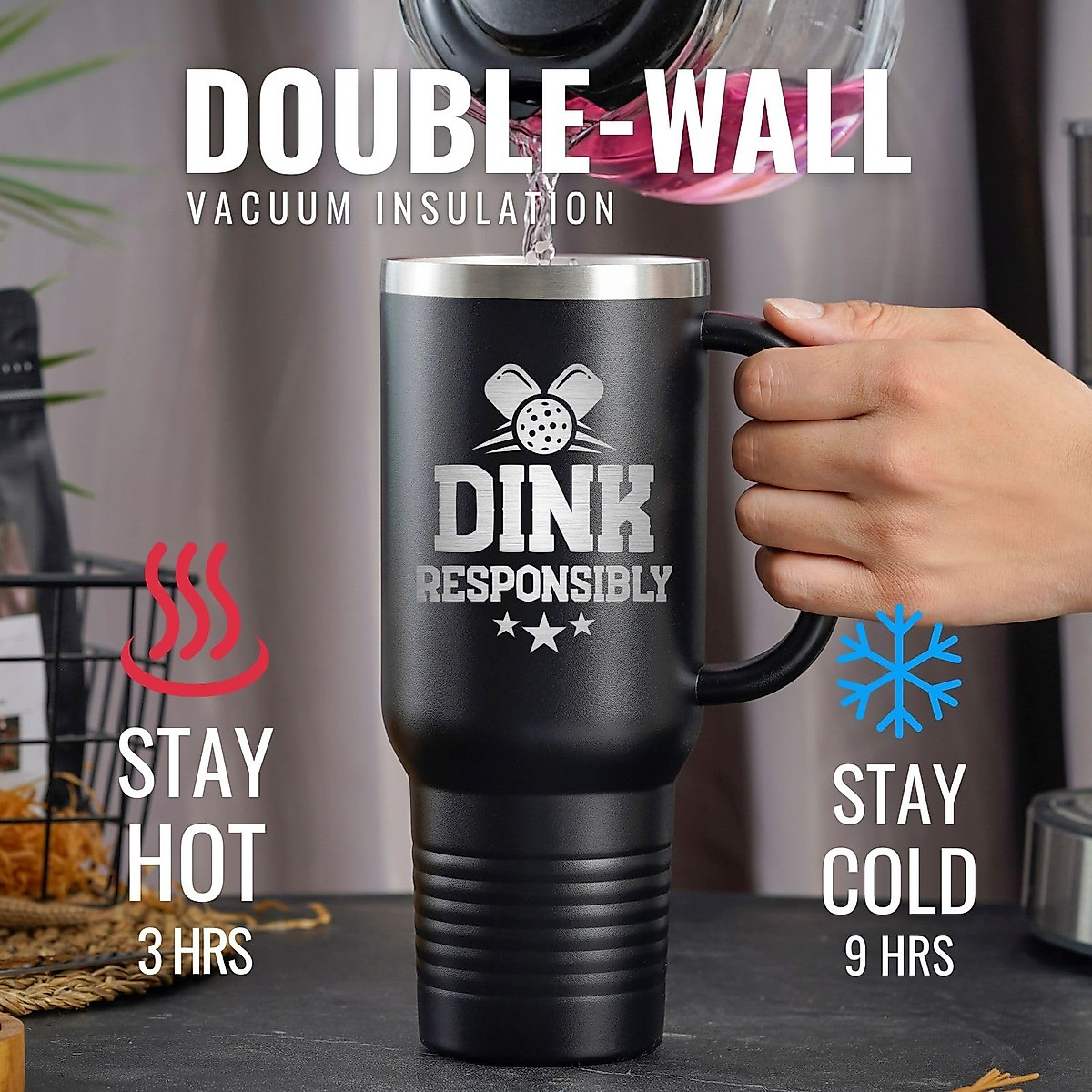 Onebttl Pickleball Gifts for Women/Men, Gifts for Pickleball Lovers, Insulated 40oz Stainless Steel Tumbler with Handle, DINK RESPONSIBLY