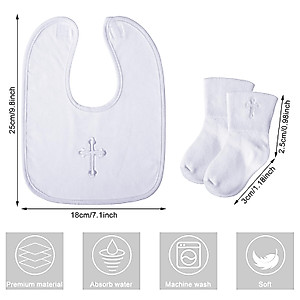Jiuguva 4 Pcs Baptism Bibs and Socks Set Christening Bib for Baby White Embroidered Cross Baptism Outfit for Boy Girl(7.9 x 11 Inch)