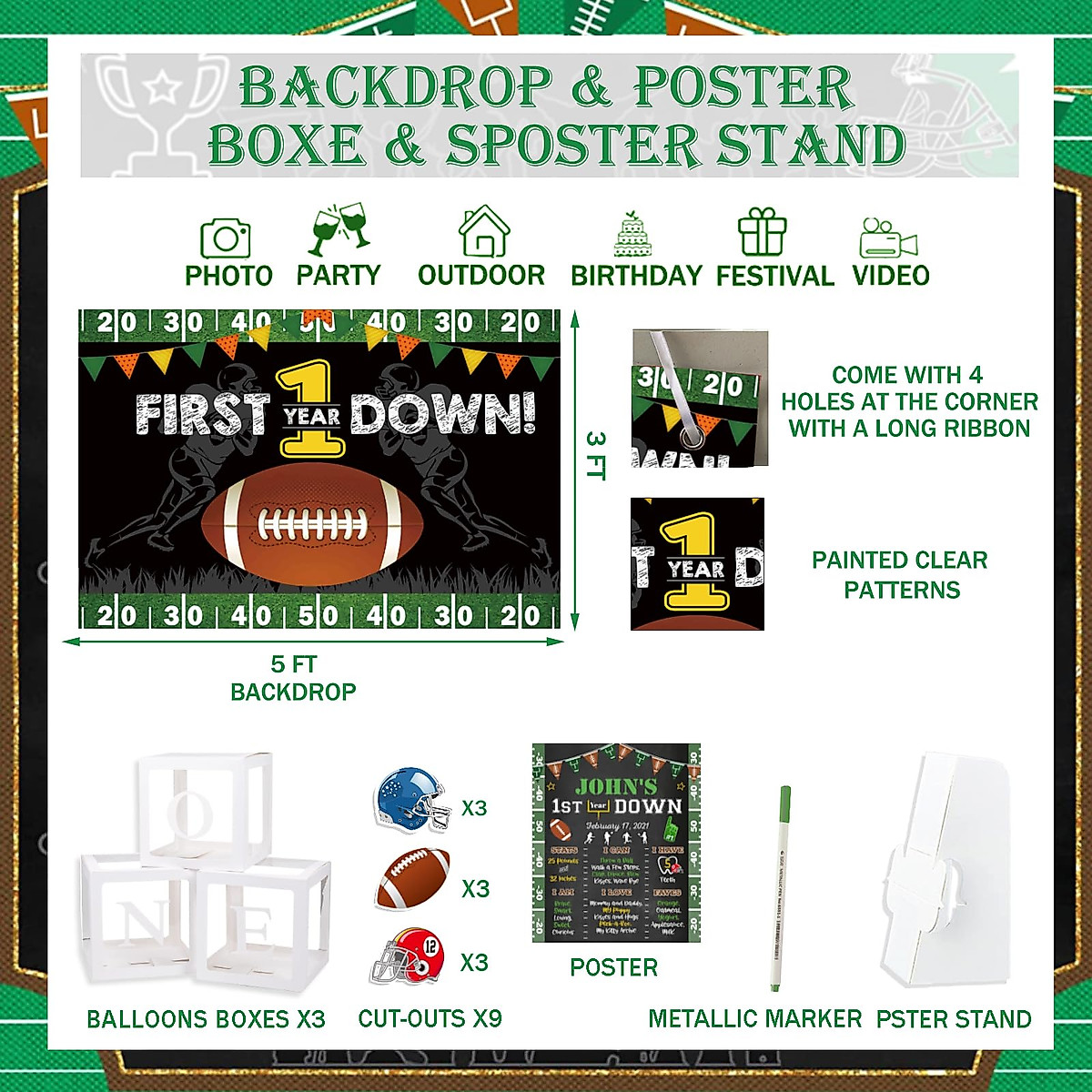 Fiesec First Year Down Football Birthday Party Decorations, Football Touchdown 1st Birthday Decorations Balloon Garland Backdrop Photo Highchair Banner Cake Topper Box Cutout Crown Poster 136 PCs