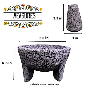 LINDO Brand 8.6 inch Molcajete Mortar and Pestle, Mexican Handmade with Lava Stone,Herb Bowl, Spice Grinder, Pill Crusher, Pesto Powder, Volcanic Stone
