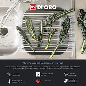 Roll Up Dish Drying Rack - Silicone Dish Drying Rack Over The Sink Kitchen (17" x 13") - Foldable Farmhouse Sink Drying Rack - Heavy- Duty Stainless Steel Core - BPA Free & Dishwasher Safe by DI ORO