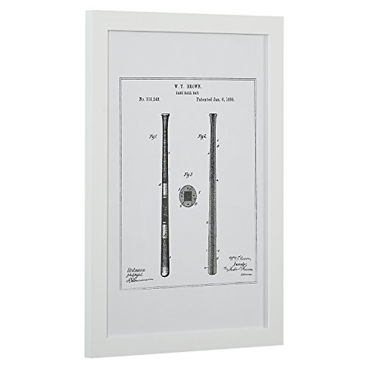 Amazon Brand – Stone & Beam Modern Gold Print of 1885 Baseball Bat Patent Wall Art, White Frame, 15" x 21"