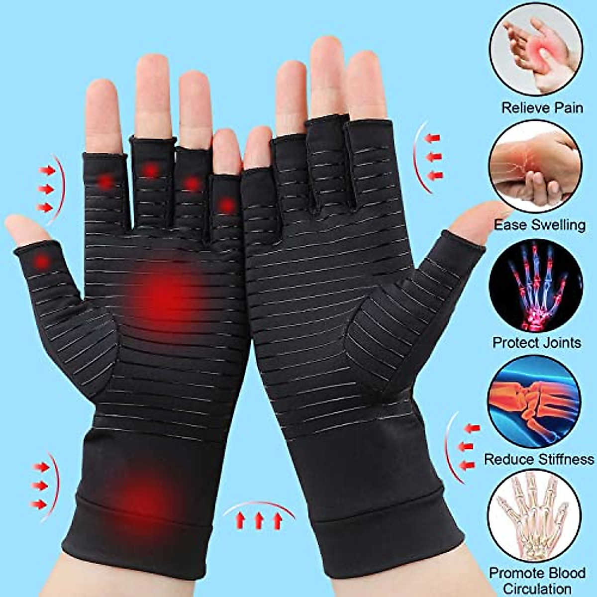 2 Pairs Compression Gloves for Women and Men – Copper Arthritis Gloves for Rheumatoid Arthritis Osteoarthritis Carpal Tunnel – Hand Pain Relief and Support – Open Finger (Black, X-Large (2 Pair))