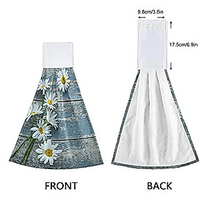 Summer Daisy Flowers Kitchen Hand Towels Vintage Wooden Board Hanging Dish Towels with Loop 2PCS, Soft Super Absorbent Fingertip Towel Dishcloths for Bathroom Washroom Guestroom Hotel 12x17 In