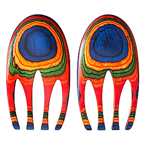 Baltique Marrakesh Collection Salad Hands Serving Utensil Set, Colorful Wooden Salad Servers