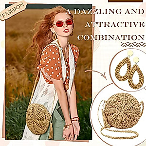 2 Pcs Women's Straw Clutch Purse and 2 Pairs Rattan Earrings Boho Straw Crossbody Purse Summer Woven Shoulder Bag Clutch Purse with Tassel Handmade Bohemian Earrings Hoop Drop Dangle Earrings