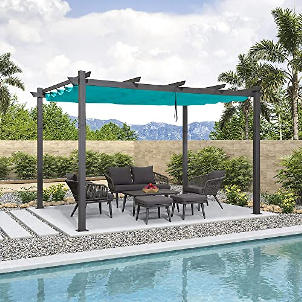 PURPLE LEAF 10' X 13' Outdoor Retractable Pergola with Sun Shade Canopy Patio Metal Shelter for Garden Porch Beach Pavilion Grill Gazebo Modern Yard Grape Trellis Pergola, Turquoise Blue