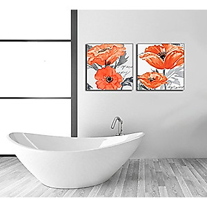 2 Pieces Orange and Gray Wall Decor Poppy Flower Canvas Art (Stretched Canvas)
