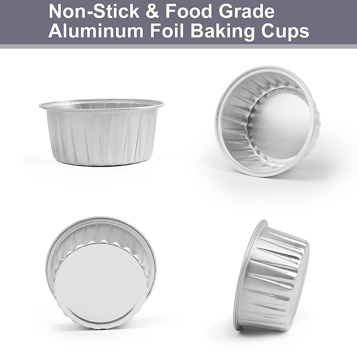 LotFancy Aluminum Foil Cupcake Baking Cups with Lids and Spoons, 5oz/125ml, 50 Pack Disposable Creme Brulee Ramekins, Oven Safe Mini Cake Tins Muffin Cups, Silver