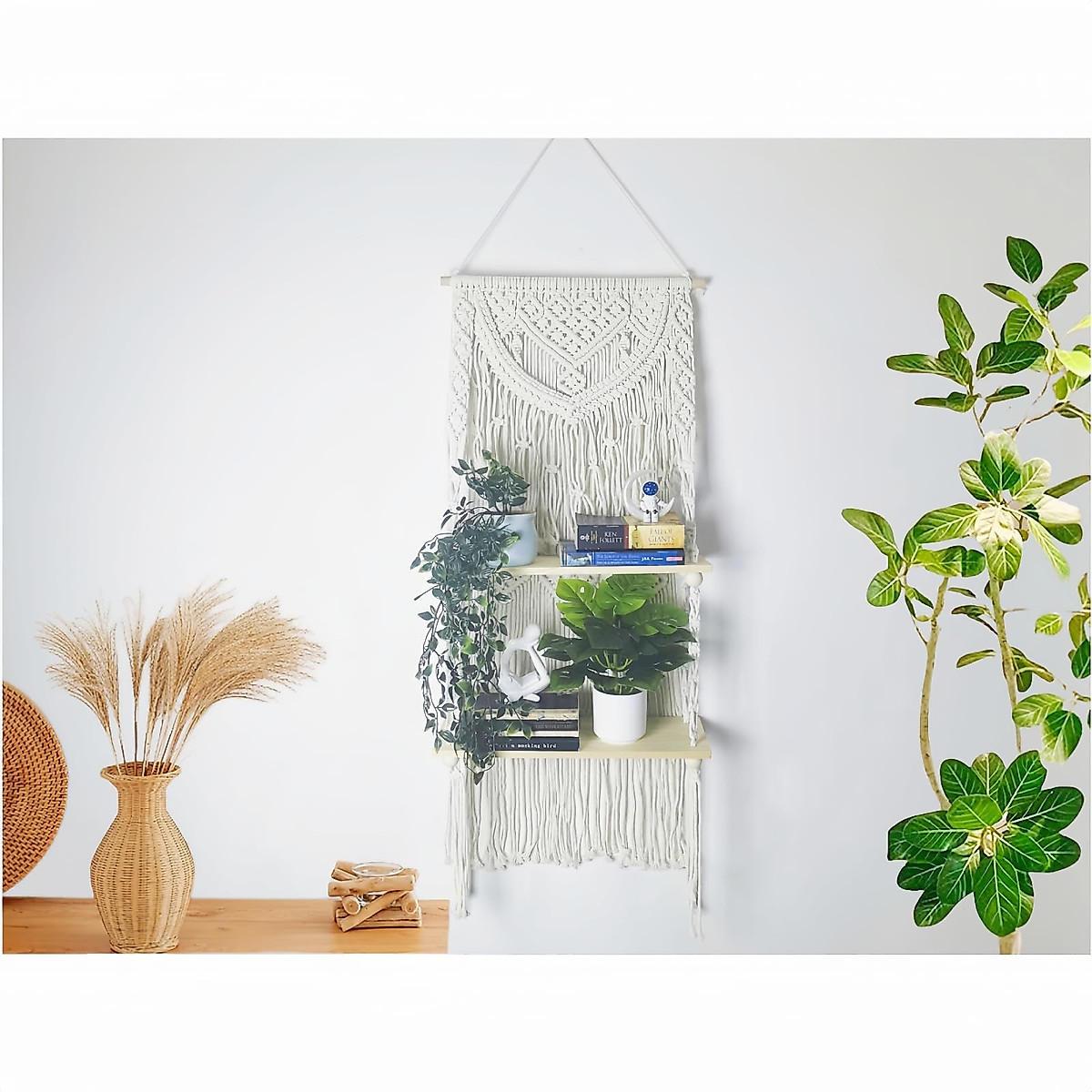MELLAQUEST Macrame Wall Hanging Shelf - 2 Tier Boho Shelves with Woven Rope Handmade Floating Plant Shelf, Bohemian Home Decor,Shelf Organizer for Kitchen, Living Room，Bedroom，Bathroom(17.7" x 42.5")