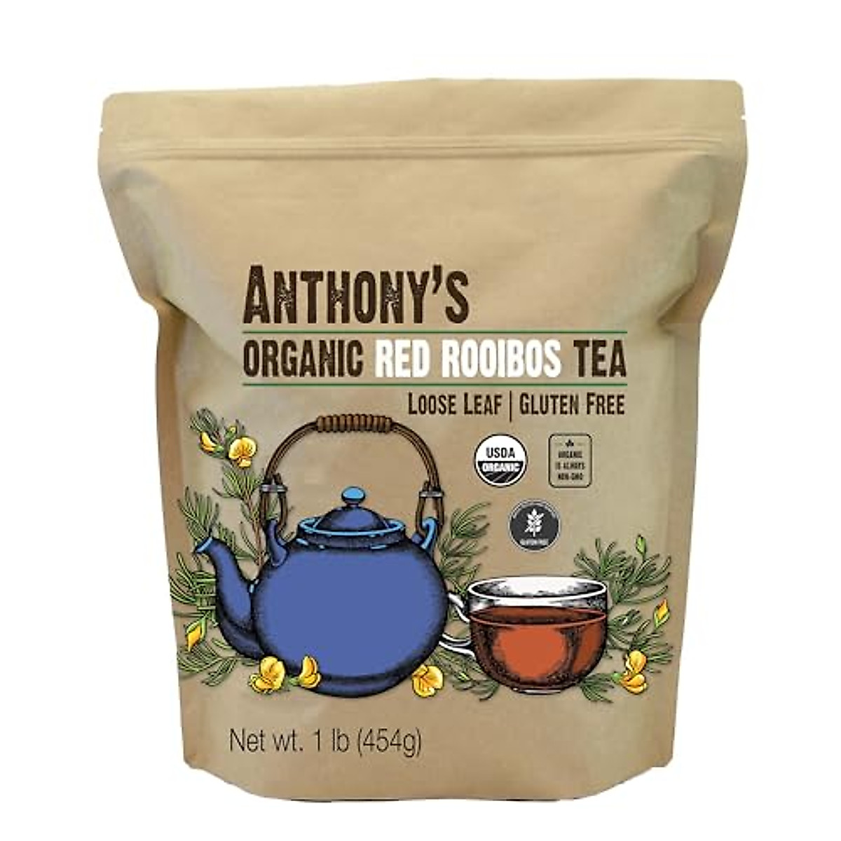 Anthony's Organic Red Rooibos Loose Leaf Tea, 1 lb, Gluten Free, Non GMO, Non Irradiated, Keto Friendly