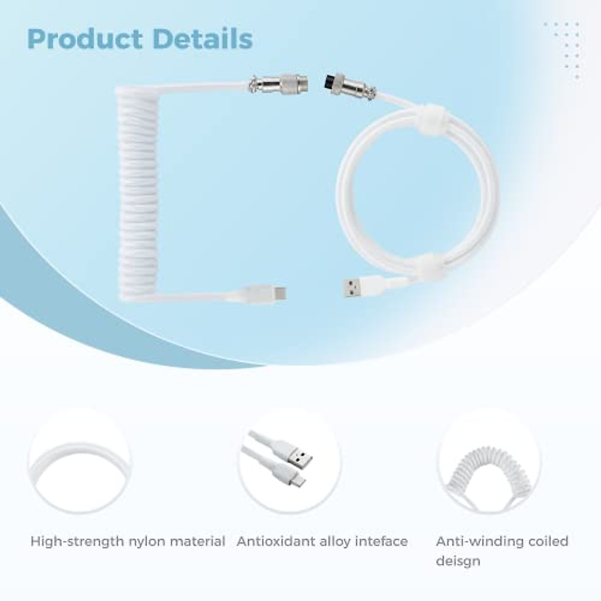 POWSURGE Keyboard Cable, 1.5m/59in Type-C to USB Detachable Coiled Cable with Metal Aviation Connector, Double-Sleeved Anti-Twist Data Cable for Mechanical Gaming Keyboards, White (White)