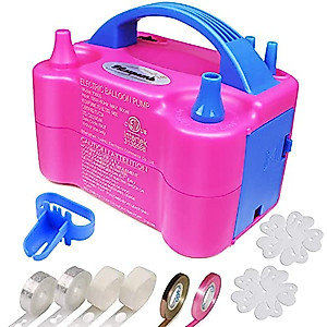 Balloon Pump, Electric Balloon Pump,Portable Dual Nozzles Electric Balloon Air Pump 110V 600W , Electric Balloon Inflator with Tying Tool, Flower Clips, Tape Strips, Dot Glues for Party Decoration