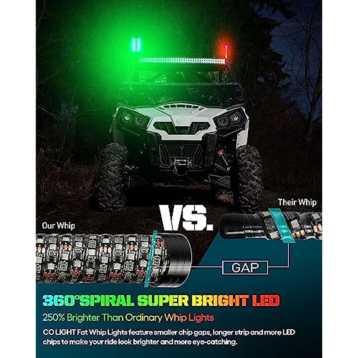 CO LIGHT Fat Spiral LED Whip Lights Thick Antenna 1FT Remote Control RGB Chasing/Dancing Light for UTV ATV 2PCS, APP-Supported 300 Colors & 200 Modes with Turn Signal, Brake Light, Reversing Light