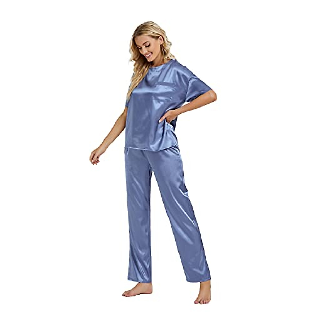 LYANER Women's Satin Silk Pajama Set Short Sleeve T-shirt with Pants Set PJ Loungewear Dark Blue X-Small