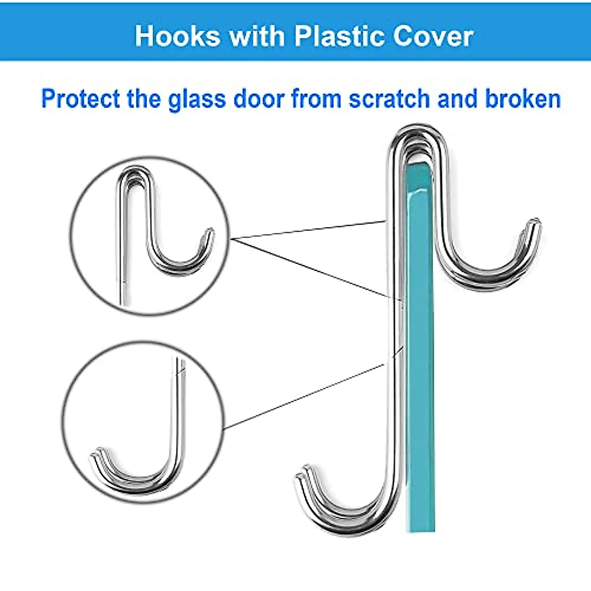 Shower Glass Door Hook, Over The Glass Shower Hook for Loofah, Squeegees, Towel Hanger for Bathroom, Double Sided 2 Pack, No Screw in Shower Hooks, Stainless Steel, Silver (Shower Door Hooks-7 inch)