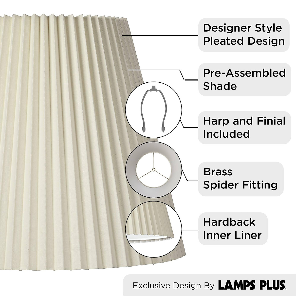 Set of 2 Pleated Empire Lamp Shades Ivory Large 10" Top x 17" Bottom x 14.75" High Spider with Replacement Harp and Finial Fitting - Springcrest