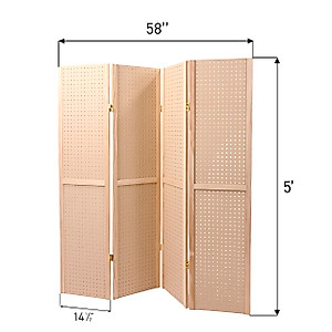 SSWBasics 5 Foot 4-Panel Folding Pegboard Display, Display Walls for Craft Shows, Privacy Screen Natural Wood Room Divider, Perfect for Trade Shows, Flea Markets, and Home Organization
