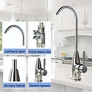 Water Filter Faucet, Fits Most Reverse Osmosis Water Filtration System, Kitchen Bar Sink Purifier Drinking Water Faucet, Stainless Steel，Lead-Free, Brushed, Single Handle